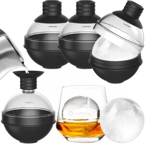 large round ice ball maker mold silicone for whiskey - set of 4 with 2-in-1 funnel lid - 2.4 inch big sphere ice mold for cocktails bourbon - easy release - perfectly round ice cube tray