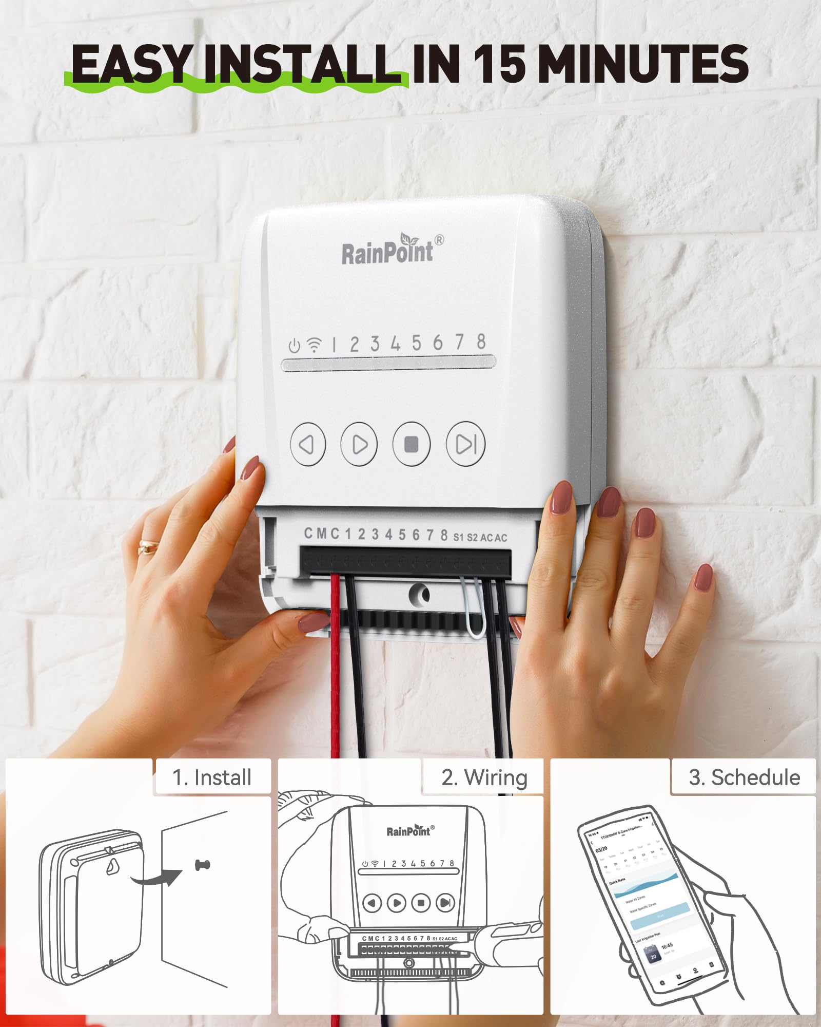 RAINPOINT 8 Zone Smart Sprinkler Controller - Local Weather Intelligence WiFi Sprinkler System Controller, Easy Install APP Control Irrigation System, Sprinkler Timer for Garden Yard