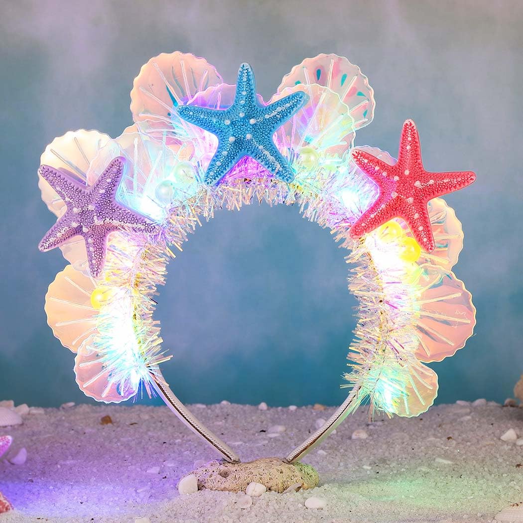 GORTIN Light Up Starfish Headband LED Mermaid Headbands Glow Seashell Hair Band Beach Party Costume Headwear Hair Accessories for Women and Girls