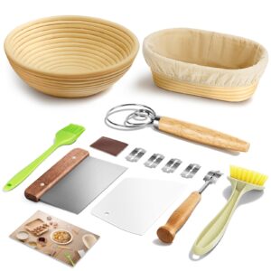 sourdough bread baking supplies, banneton bread proofing basket set of 2, 9 inch round &10 oval, sourdough starter kit, for making baking fermentation