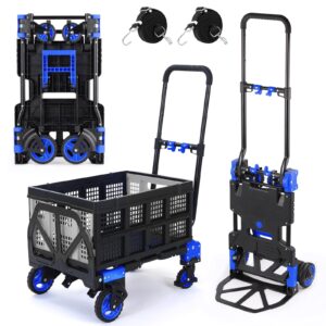 2 in 1 folding hand truck with folding basket, 330lbs heavy duty hand truck dolly, portable moving dolly foldable hand truck with retractable handle, dolly cart with wheels for market warehouse (blue)