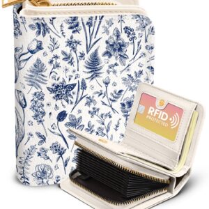 Bistup Credit Card Holder Wallet for Women - Cute Leather Ladies Teen Girls Female Cardholder Wallets Accordion Purse Small Medium Aesthetic Print Blue Floral Unique Modern Rfid Zipper Around