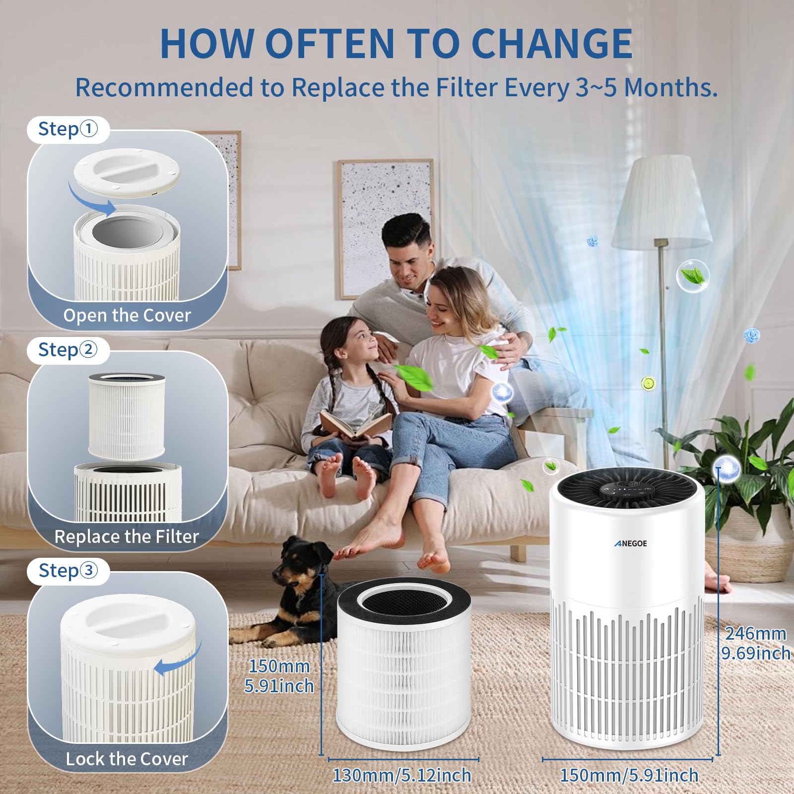 ANEGOE Air Purifier for Bedroom with True H13 HEPA 3-in-1 Filters, Remote Control Pet Air Purifiers for Home Cat Pee Smell, Covers Up to 400Ft² with 2/4/8H Timer Night Lights Fan Speeds and Sleep Mode