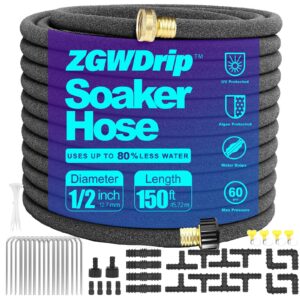 zgwdrip soaker hose 150 ft,1/2 inch soaker garden hose with 3/4" solid brass connectors save 80% water drip irrigation kit for lawn/yard landscaping beds