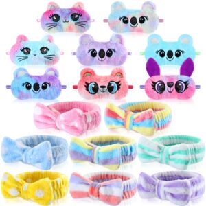 maiteenly 16 pcs sleepover party supplies 8 pcs animal sleep eye masks 8 pcs bow makeup headbands plush sleeping eye mask for washing face makeup shower women gift