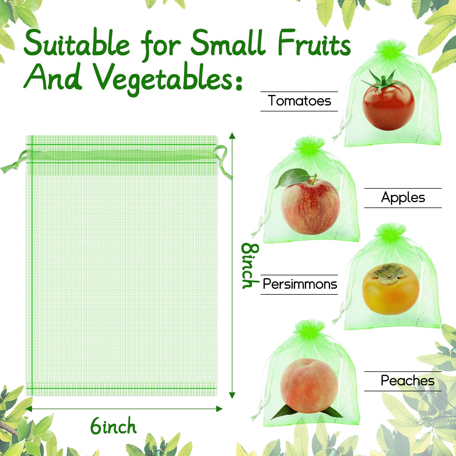 50 Pcs Fruit Protection Bags 6''x8'' Fruit Net Bags with Drawstring Fruit Bags for Fruit, Fruit Protection Bags Vegetable Fruit Net Fruit Cover Mesh Bag for Protecting Fruits(Fruit Green,6 x 8 Inch)