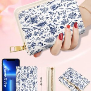 Bistup Credit Card Holder Wallet for Women - Cute Leather Ladies Teen Girls Female Cardholder Wallets Accordion Purse Small Medium Aesthetic Print Blue Floral Unique Modern Rfid Zipper Around