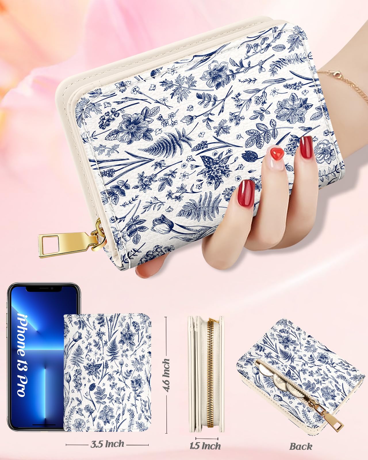 Bistup Credit Card Holder Wallet for Women - Cute Leather Ladies Teen Girls Female Cardholder Wallets Accordion Purse Small Medium Aesthetic Print Blue Floral Unique Modern Rfid Zipper Around