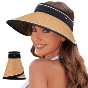 putian sun visor hats for women wide brim ponytail straw summer hat adjustable foldable beach cap top open upf50+ uv protection, khaki