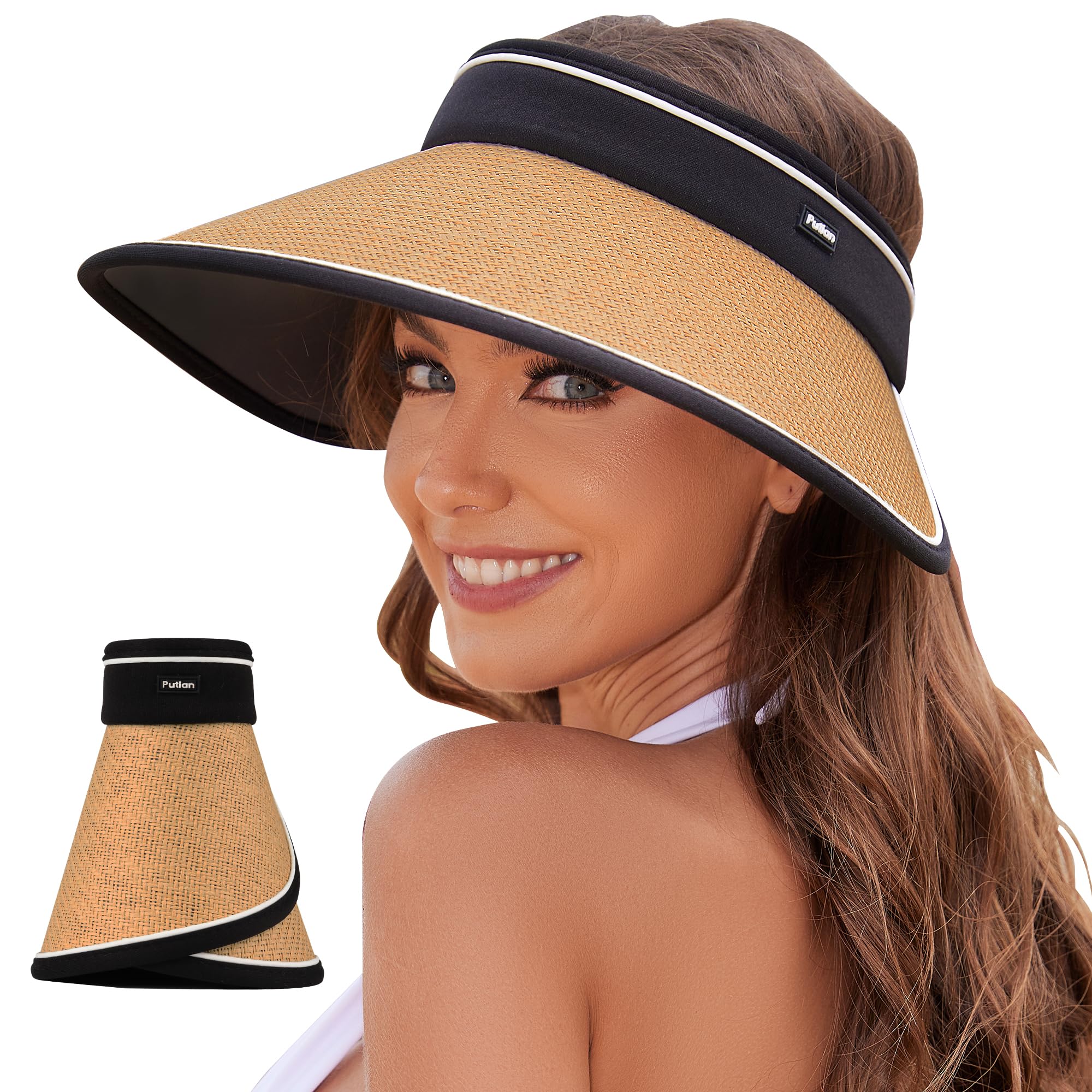 PuTian Sun Visor Hats for Women Wide Brim Ponytail Straw Summer Hat Adjustable Foldable Beach Cap Top Open UPF50+ UV Protection, Khaki