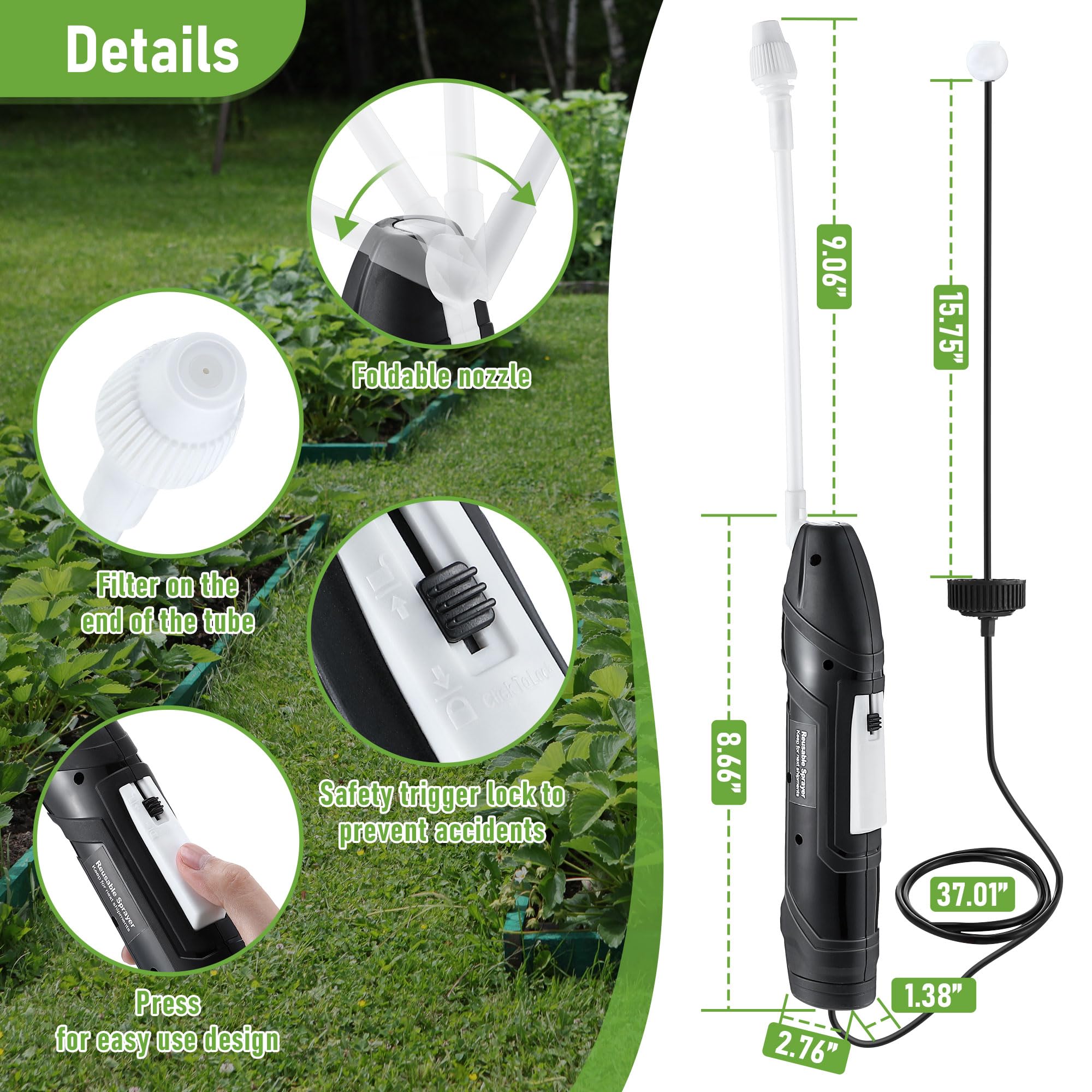 Qualirey Battery Powered Sprayer with Wand Electric Sprayer Weed Killer Sprayer Foldable Nozzle Fits with 38mm Cap 1 Gallon Jugs for Ant, Pest, Mosquito Bug Control Spray for Home Outdoor Garden Lawn