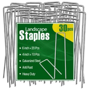 30 pcs galvanized landscape staples metal garden stakes heavy duty for ground cover, u-shaped pins yard stakes weed barrier fabric, garden hose, drip irrigation, 1.6 inch*(6 inch+4 inch)