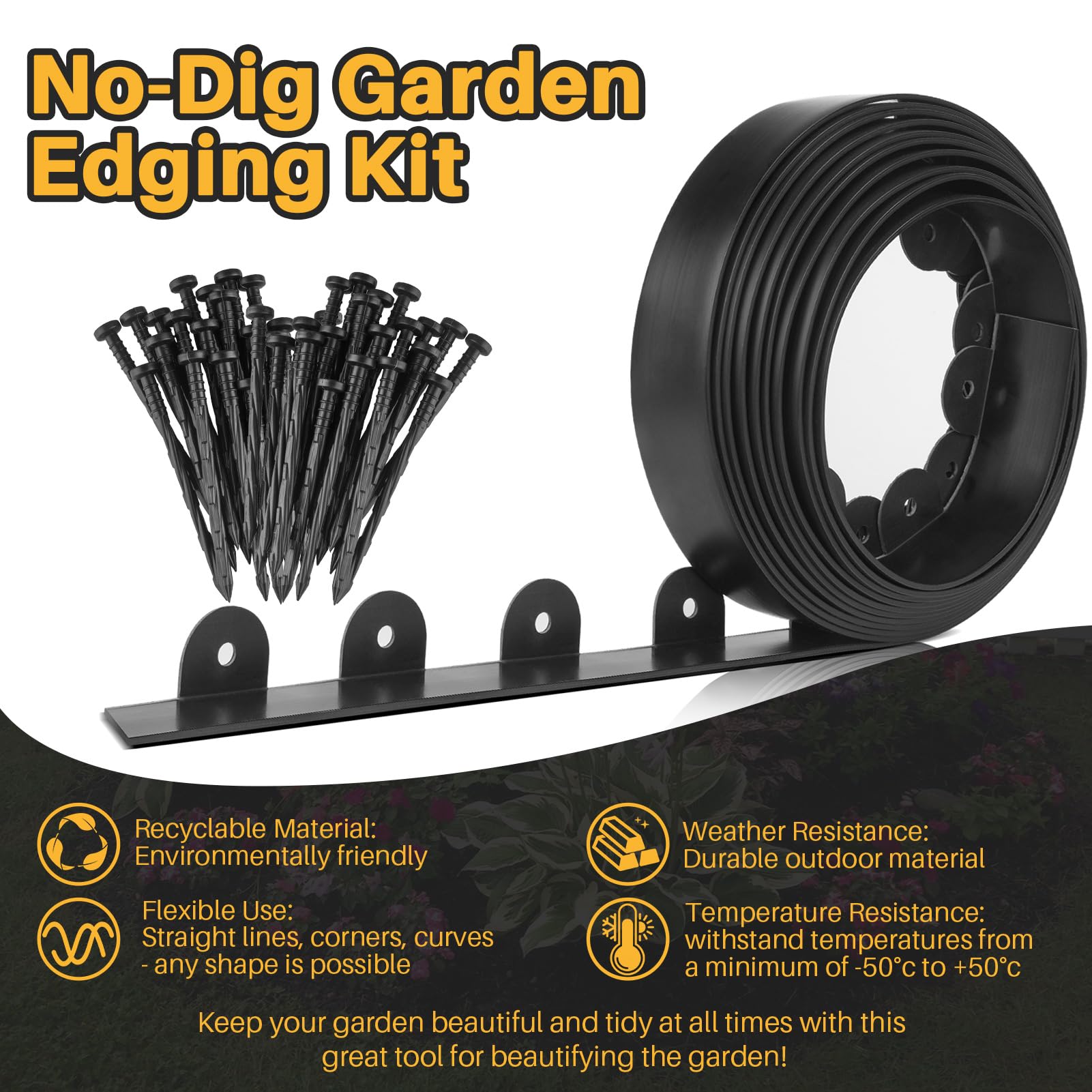 JAZIPO No Dig Landscape Edging Border 2.2 Inch Tall | 40 FT with 40 PCS Spikes, Garden Edging Border, Plastic Lawn Edging for Landscaping, Flower Beds, and Yard, Black