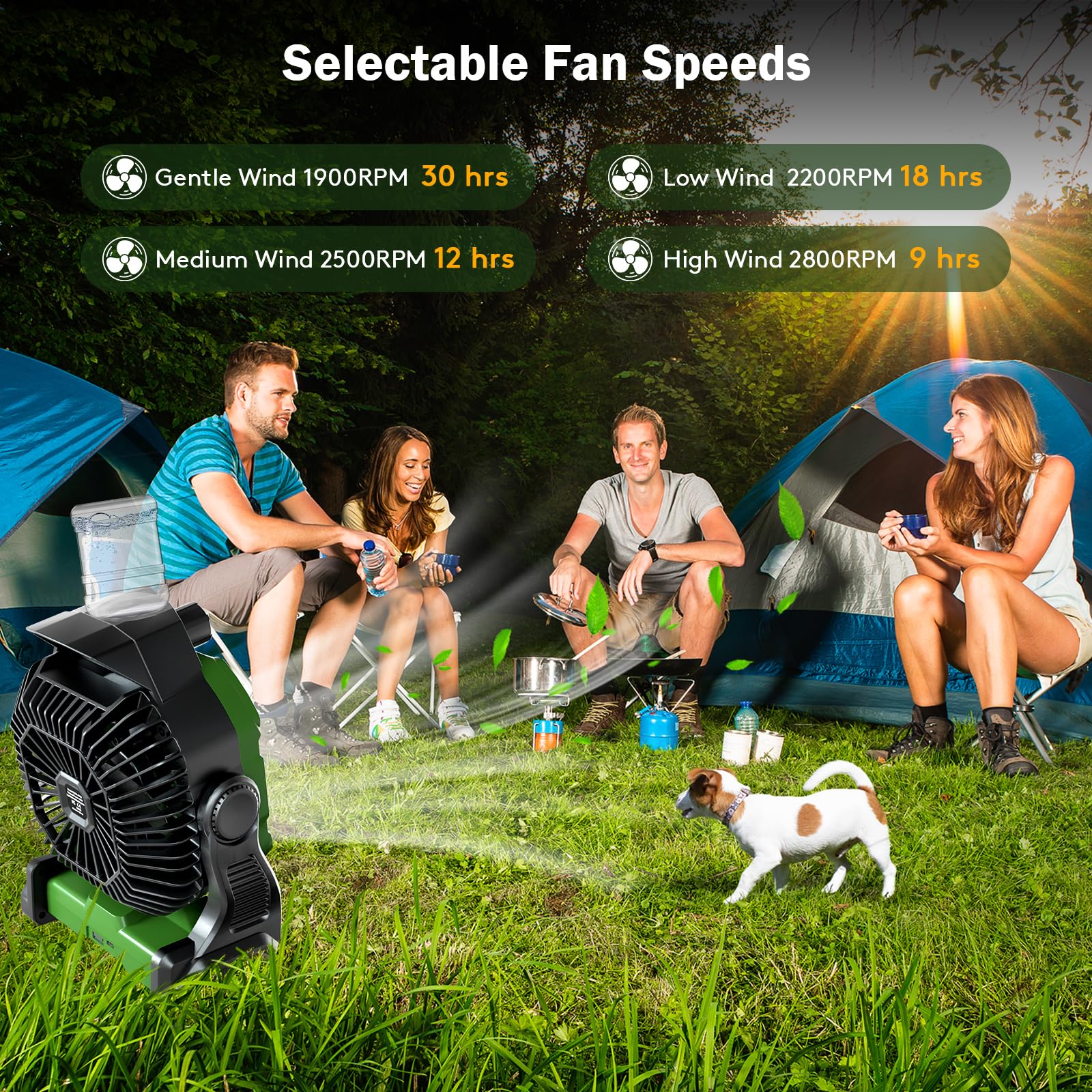 Clemas Camping Fan with Mister Rechargeable | Long Lasting Portable Battery Powered Water Misting Fan Table Fan 14000mAh | 26000mAh | RGB Lights, Timer, Power Supply - For Outdoor & Emergencies