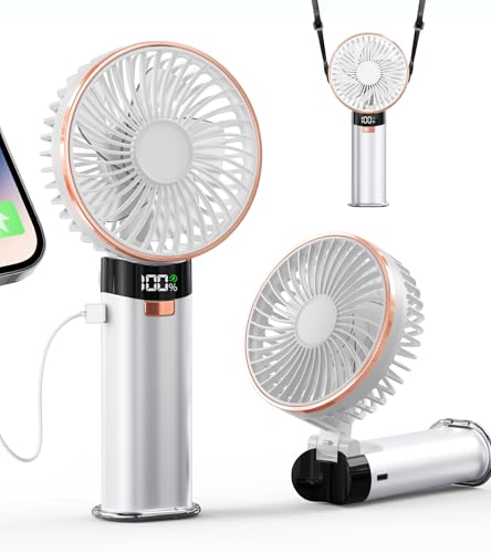 BEYYON Portable Handheld Fan, 5200mAh Metal Handle Portable Fan Rechargeable, 180° Foldable, 6 Speeds USB Rechargeable Fan, Electric Personal Fan with Power Bank for Travel, Outdoor, Camping, Office