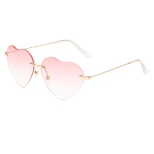 jovakit heart shaped sunglasses for women trendy fashion metal rimless frame sun glasses uv400 protection (gold/gradient pink)