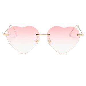 JOVAKIT Heart Shaped Sunglasses for Women Trendy Fashion Metal Rimless Frame Sun Glasses UV400 Protection (Gold/Gradient Pink)