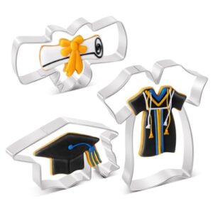 graduation cookie cutters set 3 pieces, stainless steel graducation cap cookie cutter, diploma, graduation gown dress cookie cutter for graduation celebration party