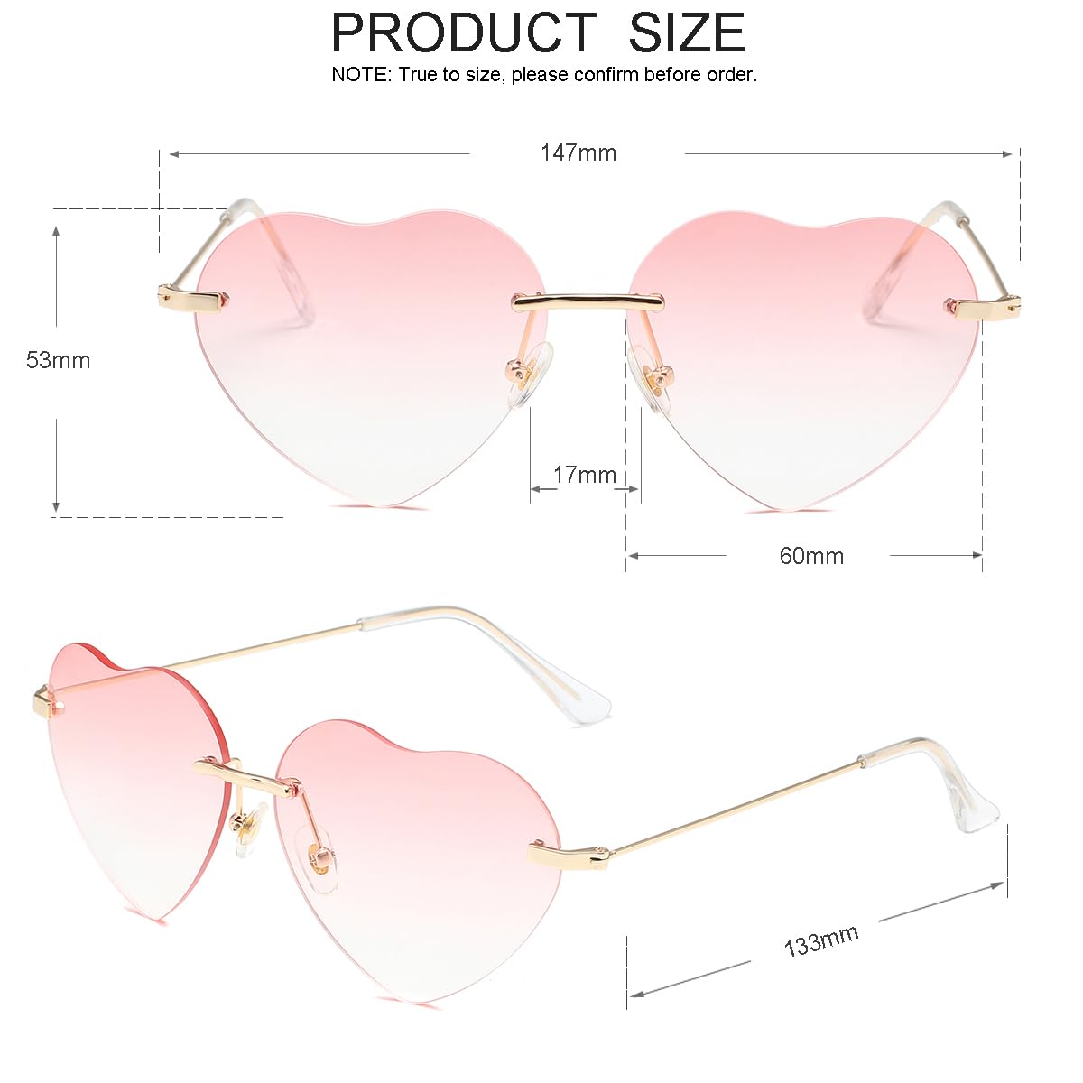 JOVAKIT Heart Shaped Sunglasses for Women Trendy Fashion Metal Rimless Frame Sun Glasses UV400 Protection (Gold/Gradient Pink)