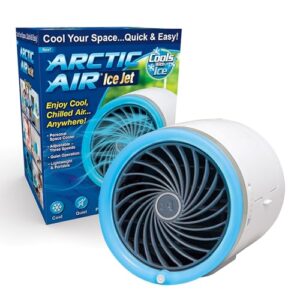 arctic air ice jet personal air cooler, 3-speed room cooler with reusable ice packs, portable cooler with multi-directional vent & 7 led lights, whisper-quiet air cooler for room