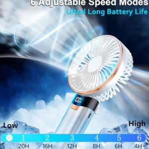 BEYYON Portable Handheld Fan, 5200mAh Metal Handle Portable Fan Rechargeable, 180° Foldable, 6 Speeds USB Rechargeable Fan, Electric Personal Fan with Power Bank for Travel, Outdoor, Camping, Office