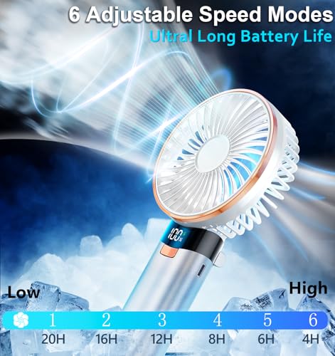 BEYYON Portable Handheld Fan, 5200mAh Metal Handle Portable Fan Rechargeable, 180° Foldable, 6 Speeds USB Rechargeable Fan, Electric Personal Fan with Power Bank for Travel, Outdoor, Camping, Office