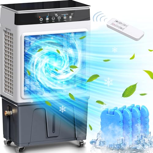 Swamp Cooler, 3800 CFM 3-in-1 Evaporative Air Cooler with 7.6 Gal Water Tank, 120° Oscillation, 3 Speeds 3 Modes, 12 H Timer, Remote, 4 Ice Packs, Portable Air Conditioner for Indoor＆Outdoor