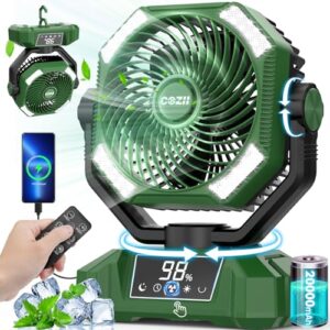 cozii portable fan rechargeable, 20000mah battery operated oscillating fan with touch screen -5 speeds cordless desk camping fan with led display for home jobsite outdoor tent beach, 8 timing, lantern