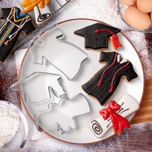 Graduation Cookie Cutters Set 3 Pieces, Stainless Steel Graducation Cap Cookie Cutter, Diploma, Graduation Gown Dress Cookie Cutter for Graduation Celebration Party