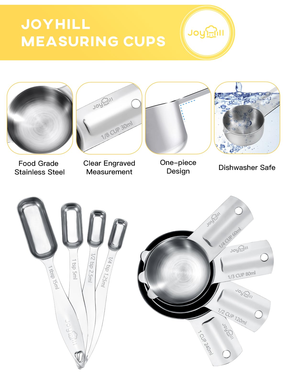 Joyhill Measuring Cups and Spoons Set of 8 Piece, Metal Stainless Steel Measuring Cups and Spoons Set for Baking Cooking, Dry and Liquid Ingredients