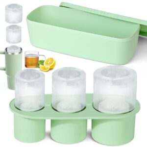 ice cube tray for 20-40oz tumbler cup, 3pcs large silicone cylinder ice cube molds for freezer, ice maker with lid and bin, ice drink, juice, whiskey, chilling cocktail, tea, coffee (green)