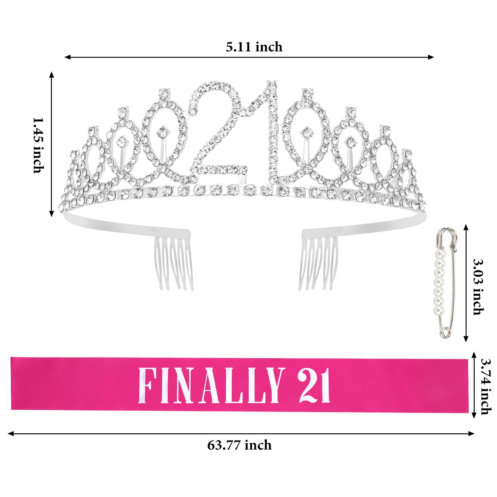 CAVETEE Silver Finally 21 Birthday Sash and Crown for Women 21st Birthday Crown and Sash Set Silver Birthday Queen Tiara and Sash for Girl Women