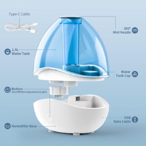 Humidifiers for Bedroom, Quiet Ultrasonic Cool Mist Humidifier, Desk Humidifiers with Removable Water Tank, Up To 24 Hours Humidifiers with Night Light for Home Baby Nursery and Plants