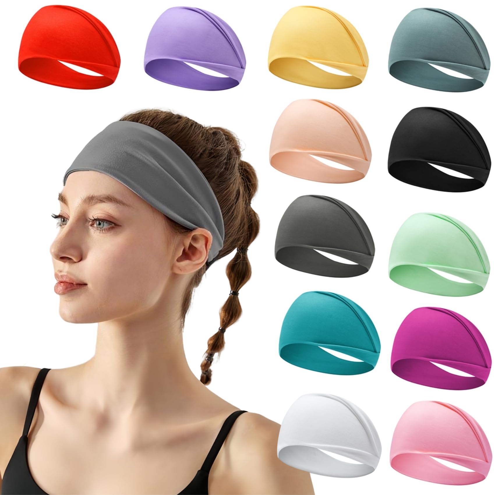 SHUCHNOYE 12-Pack Headbands for Women Hair Wide Band Non-Slip Workout Bands for Sports, Yoga, Running, and Fitness