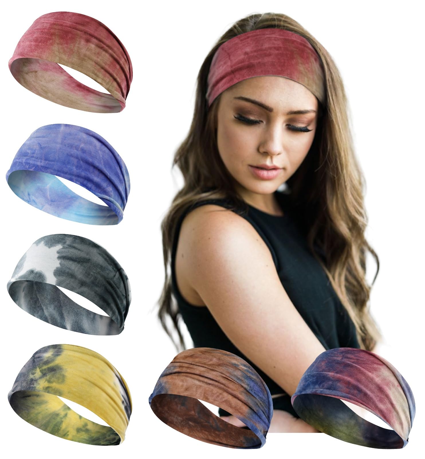 TERSE Women's Headbands, 6 Count - Cute Tie Dye, Soft Cloth, Non-Slip, Sweat Wicking, Workout, Yoga, Running, Hair Bands for Short Hair, Fashion Headbands for Women