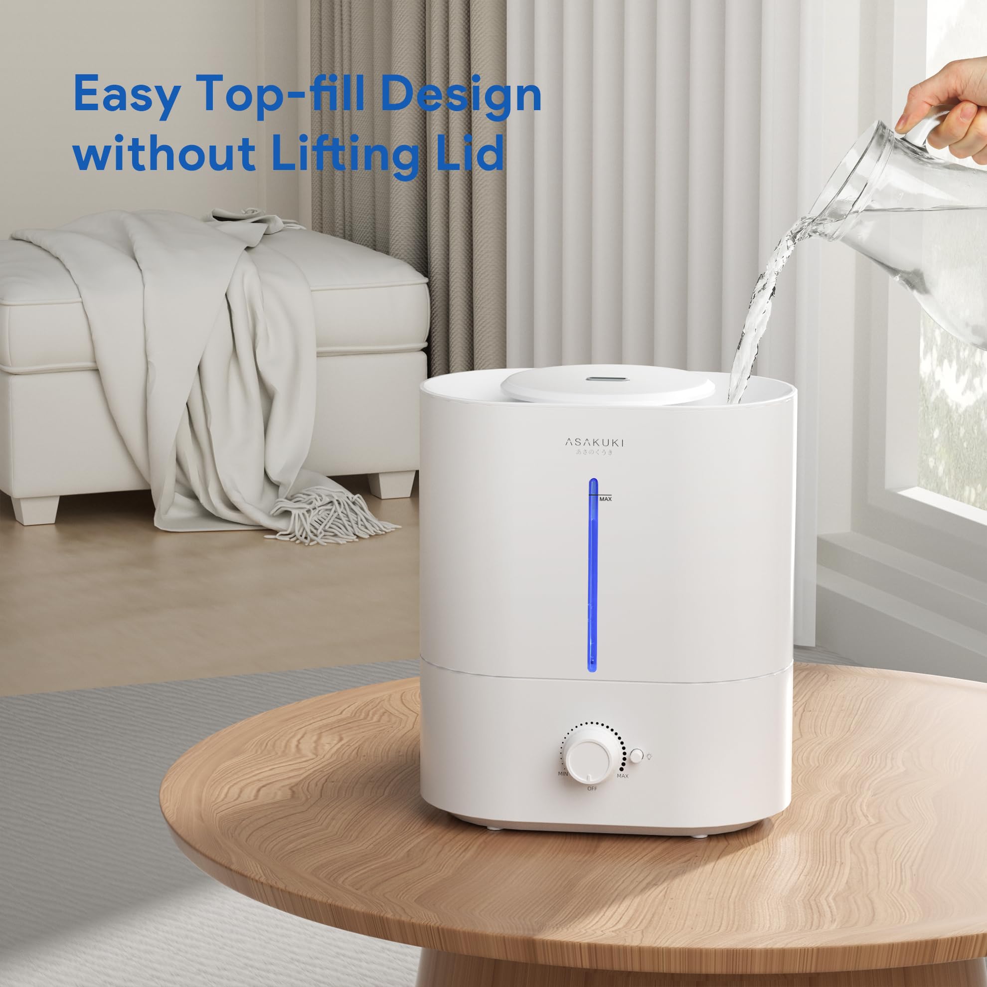 ASAKUKI Cool Mist Humidifiers for Bedroom Home, 4L Top Fill Humidifier Large Room for Baby Nursery & Plants, Quiet Room Humidifier with Diffuser, Night Light, Auto Shut Off, Easy Clean, 40H Runtime