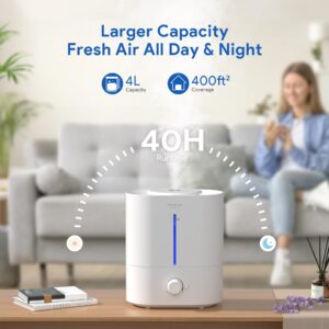 ASAKUKI Cool Mist Humidifiers for Bedroom Home, 4L Top Fill Humidifier Large Room for Baby Nursery & Plants, Quiet Room Humidifier with Diffuser, Night Light, Auto Shut Off, Easy Clean, 40H Runtime