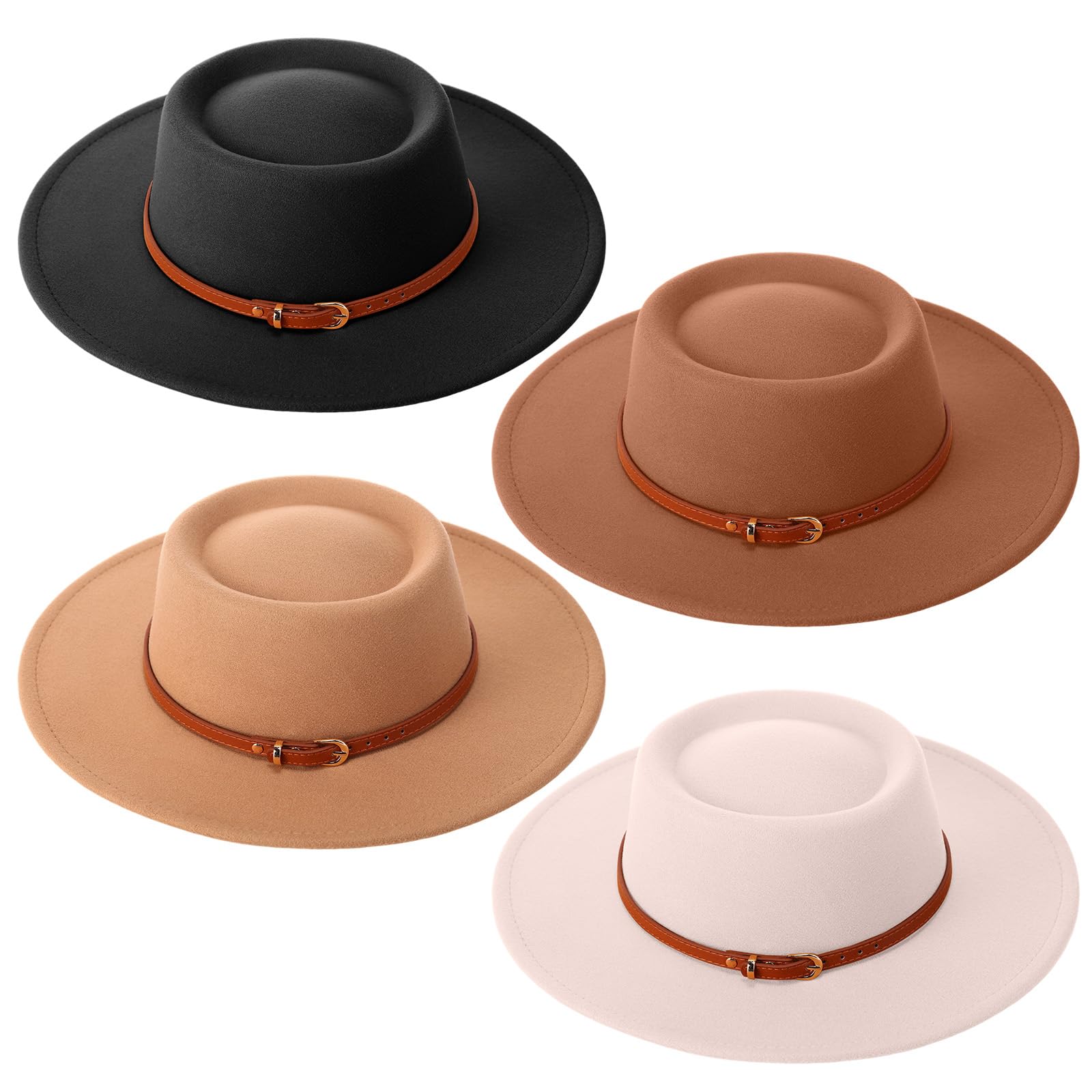 JaGely 4 Pcs Women Wide Brim Hat with Belt Buckle Vintage Warm Wool Belt Panama Hat Boho Felt Jazz Hat for Park Wedding Tea Party (Khaki,Black,Brown,Beige with Brown Belt)