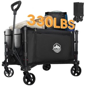 jigobing collapsible wagon, portable folding wagon cart with wheels foldable, 330lbs heavy duty beach wagon outdoor utility cart with dual side zipper, cup holders for grocery camping garden sports