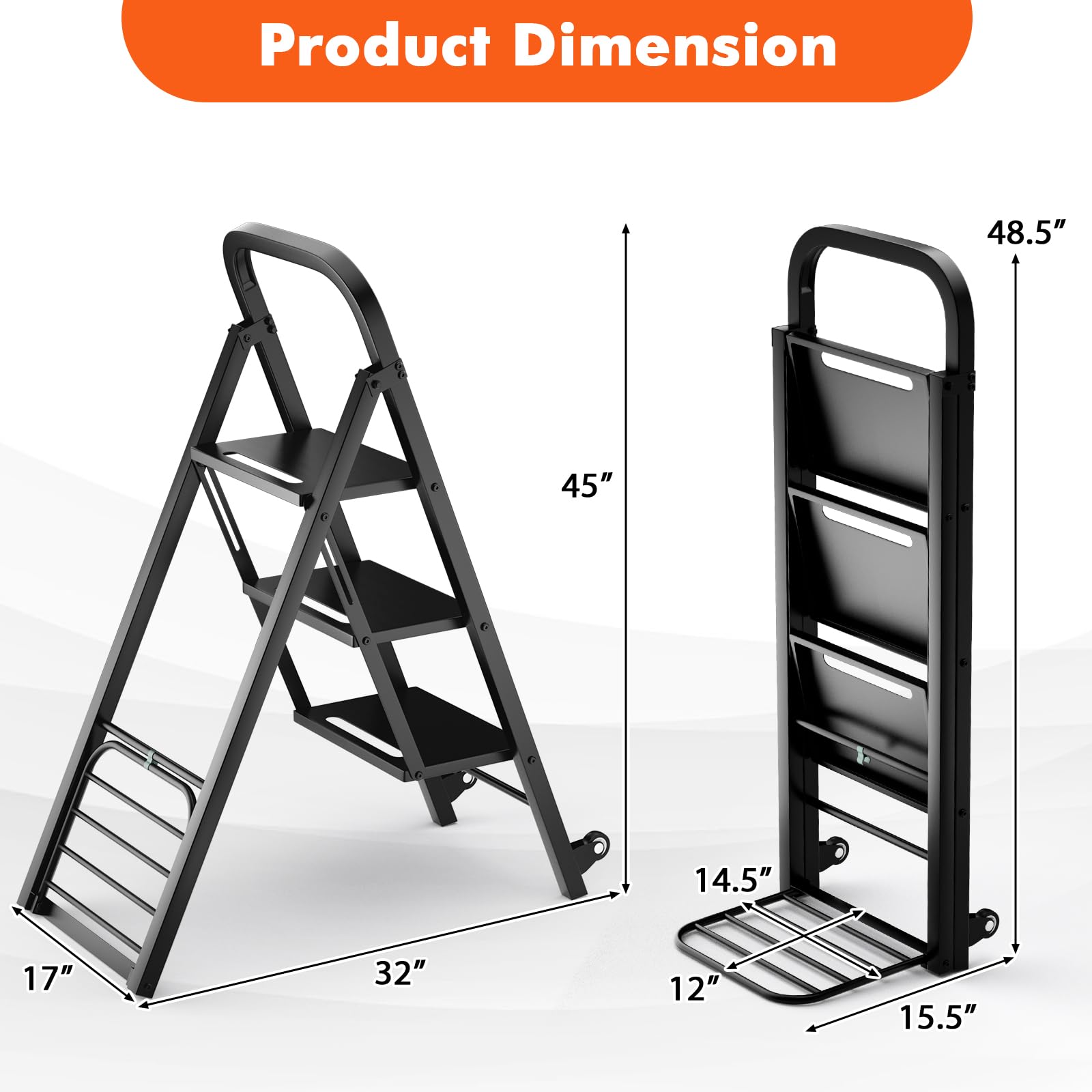 Toolsempire 2 in 1 Hand Truck, Folding Hand Truck Dolly with 2 Wheels & 3 Step Ladder, Heavy Duty Dolly Cart Step Stool for Warehouse, Garage, Home