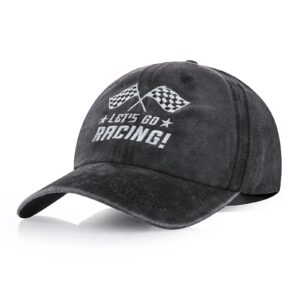 LAMCEPLU Race Hats for Men Women, Race Day Hat, Funny Racing Cap, Gifts for Race Car Fans, Adjustable Checkered Flag Embroidered Washed Cotton Sports Baseball Hat Grey