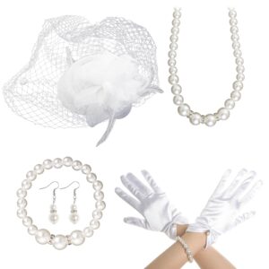 5pcs fascinators for women tea party feathers fascinator hat for women tea party hat velvet gloves and pearl jewerly set