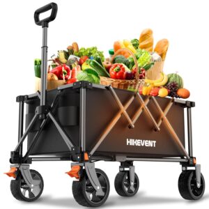 hikevent collapsible wagon cart foldable with 220lbs weight capacity, utility grocery shopping cart with wheels, lightweight portable folding wagon for garden sports beach and camping, black