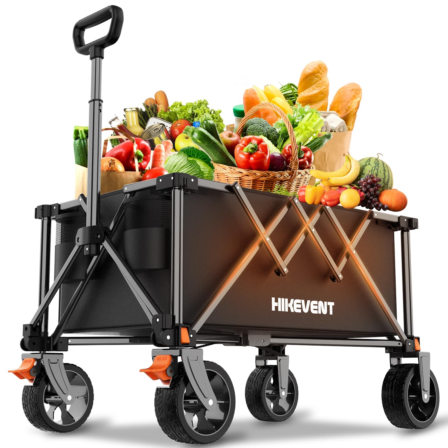 Hikevent Collapsible Wagon Cart Foldable with 220lbs Weight Capacity, Utility Grocery Shopping Cart with Wheels, Lightweight Portable Folding Wagon for Garden Sports Beach and Camping, Black