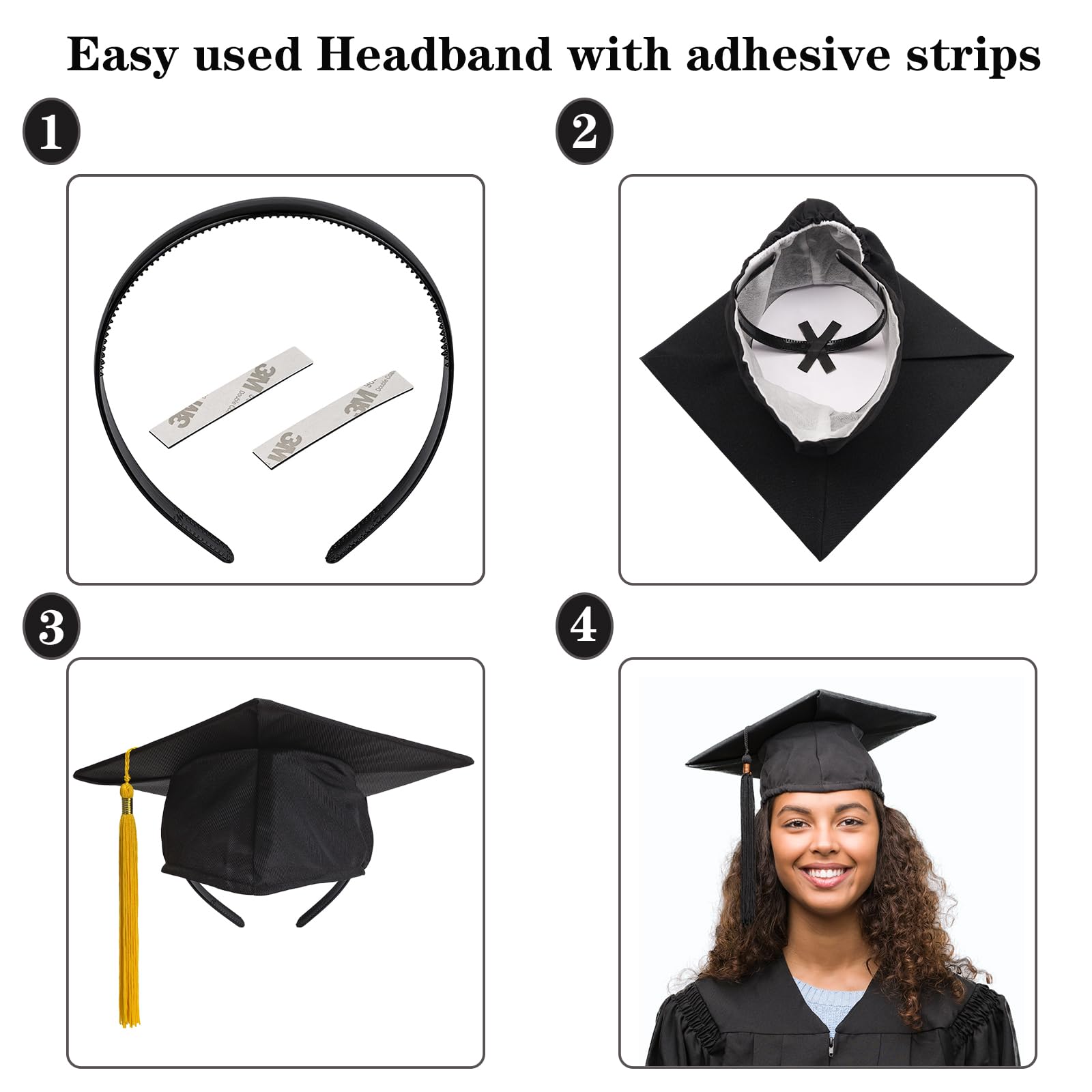 SONSIL 2psc Graduation Cap Headband with 4pcs strong adhesive strips, Graduation Cap hair band Secures Your Graduation Cap in Place Also Can Protect your Hairstyle in Order.