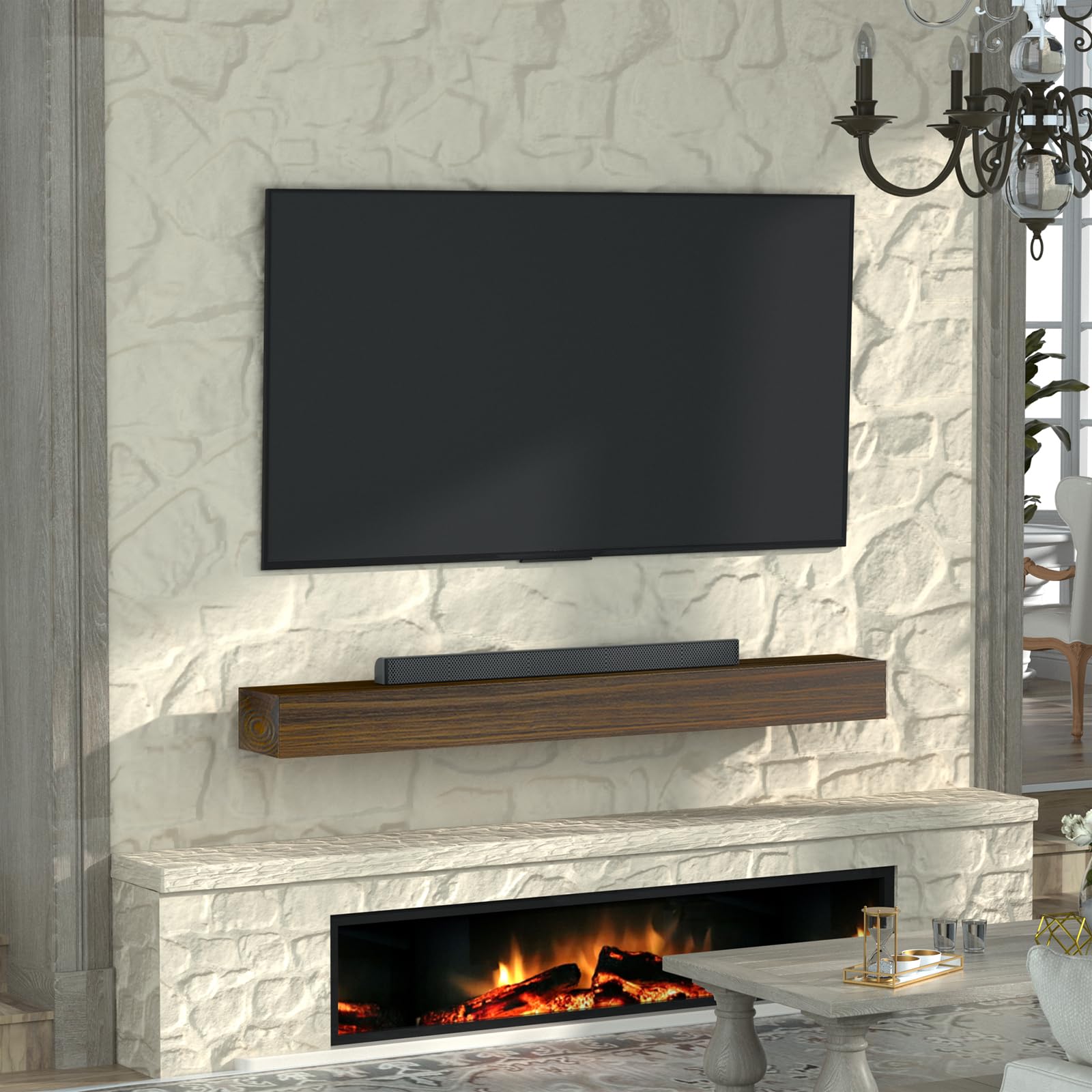 ROOMTEC Fireplace Mantel,60" Wood Floating Fireplace Shelves,Wall Mounted Wooden Display Shelving,Handcrafted Wood Brack,Natural Mantels Over Fireplace | 60" x 8" x 5"-Dark Chocolate