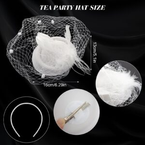 Heliltd 5Pcs Lace Fascinators for Women Tea Party Fascinator Hat for Women White Veil Feathers Hats Gloves Pearl Jewerly Set