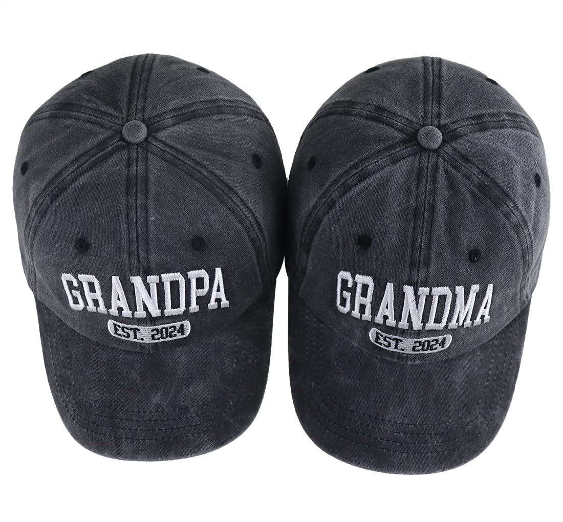 Grandpa and Grandma Est 2024 Hats for Men Women, New Grandparents Birthday Gifts for Baby Announcement, First Time Grandpa Grandma Baseball Cap Black