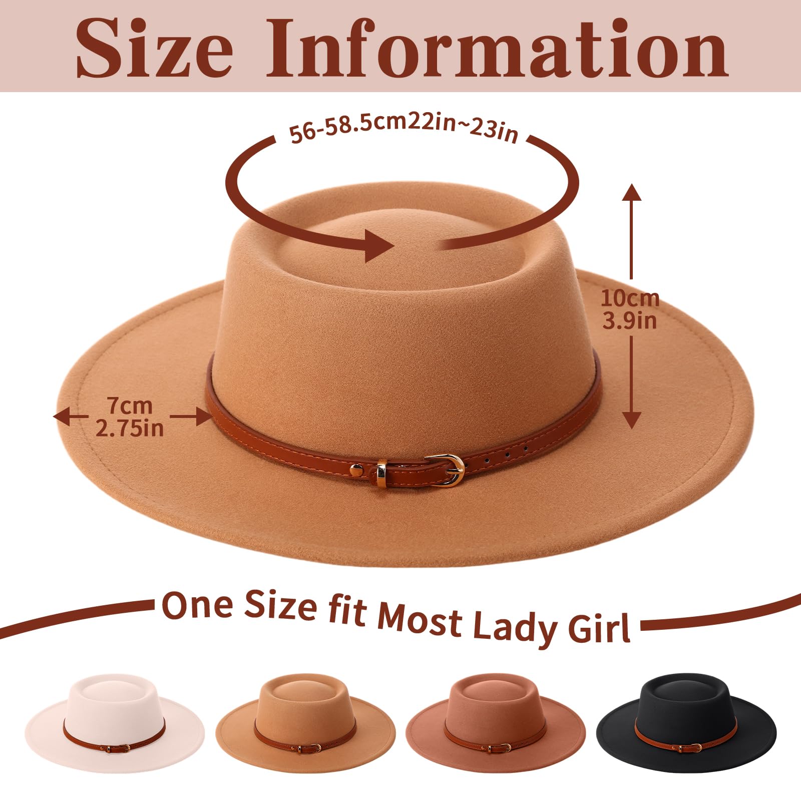 JaGely 4 Pcs Women Wide Brim Hat with Belt Buckle Vintage Warm Wool Belt Panama Hat Boho Felt Jazz Hat for Park Wedding Tea Party (Khaki,Black,Brown,Beige with Brown Belt)