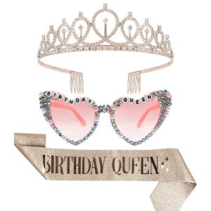 foxtell birthday glasses birthday sash and tiara for women rhinestone crown and sash for girls women birthday party decoration kit crystal glasses and rose gold hair accessories